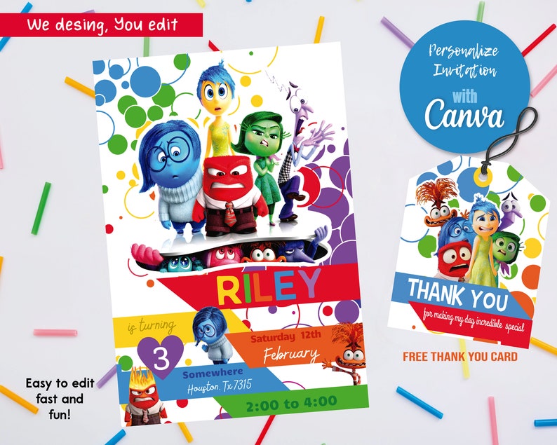 Inside Out 2 Invitation Template Canva Easy Download Party Birthday ...