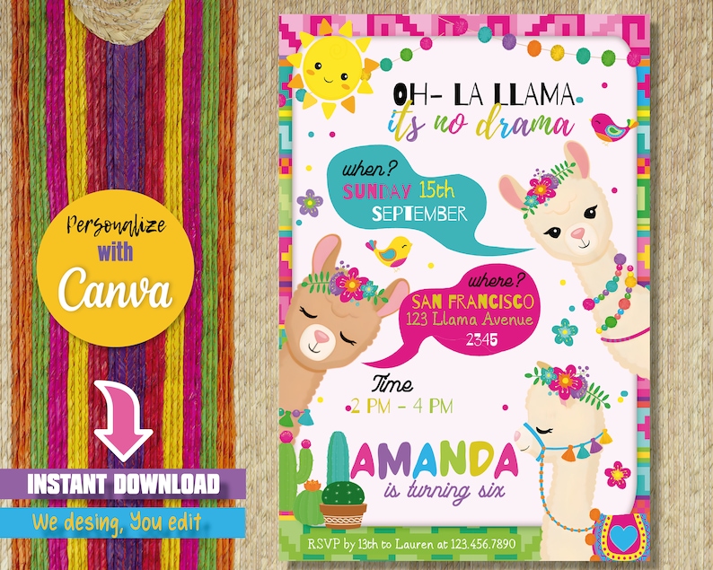 Editable Llama Birthday Invitation Cute Llama Alpaca Invitation Digital ...