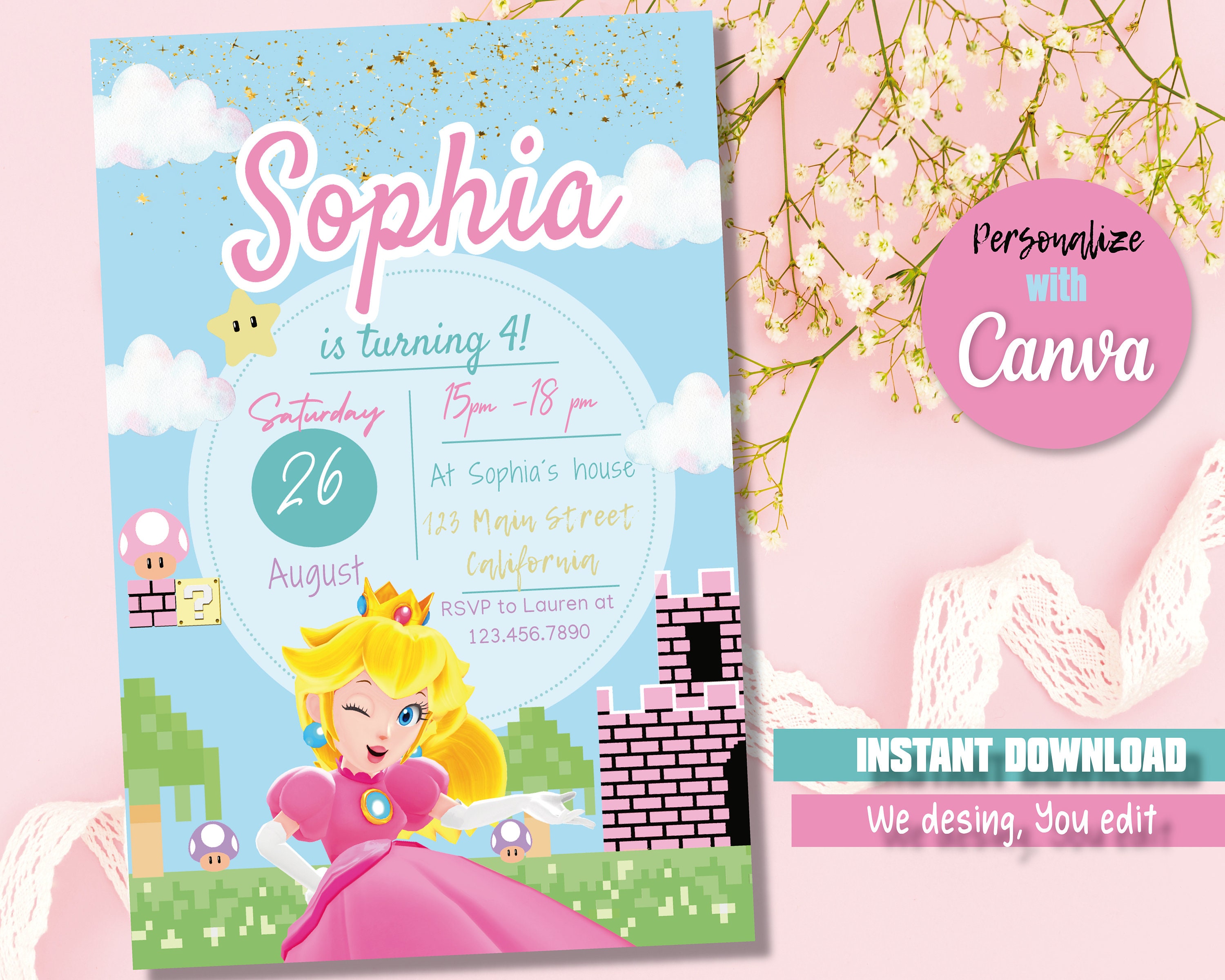 Princess Peach Birthday Invitation Super Mario Bros Invitation Digital ...