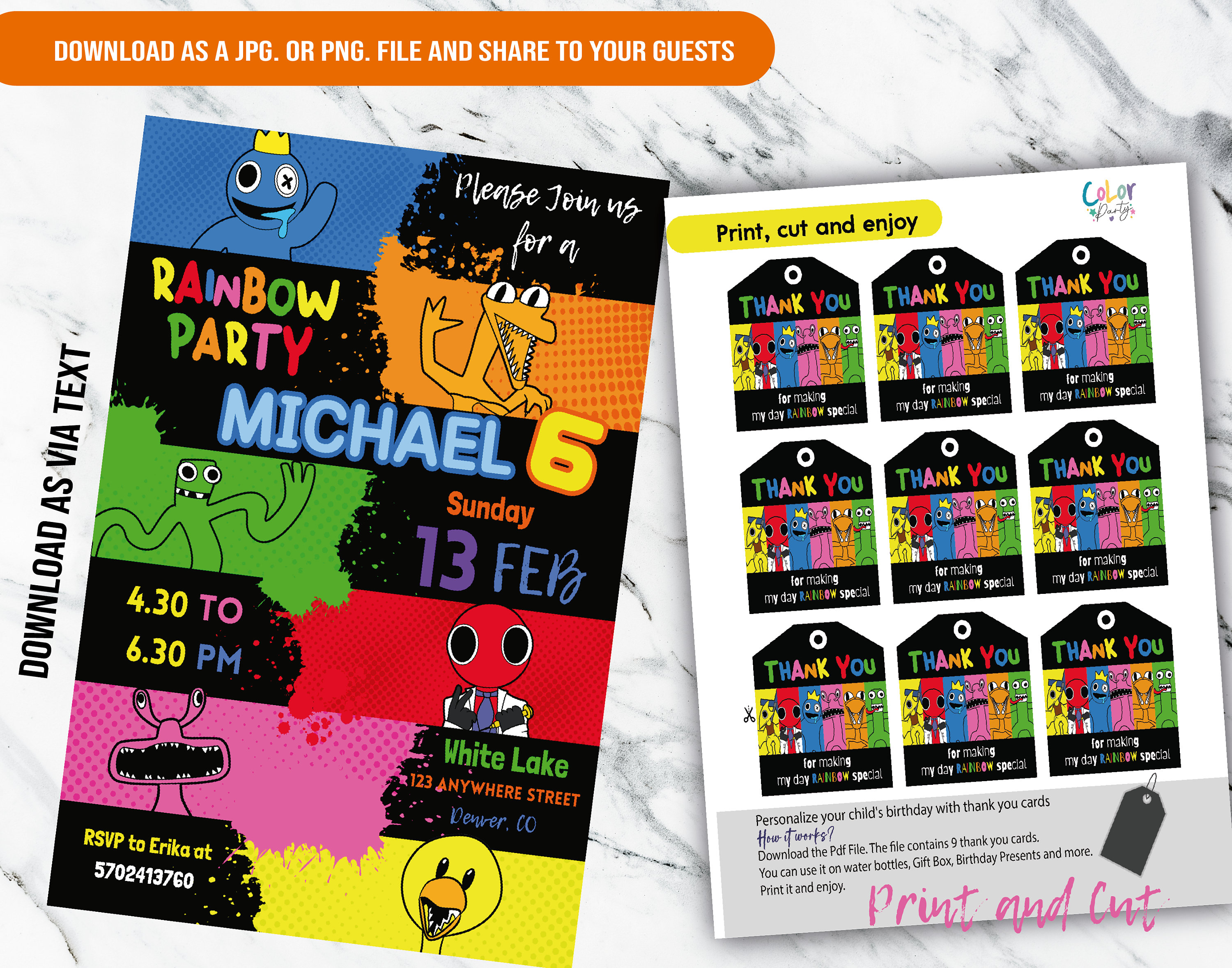 Rainbow Friends Invitation Template Birthday Party Celebration Blue ...