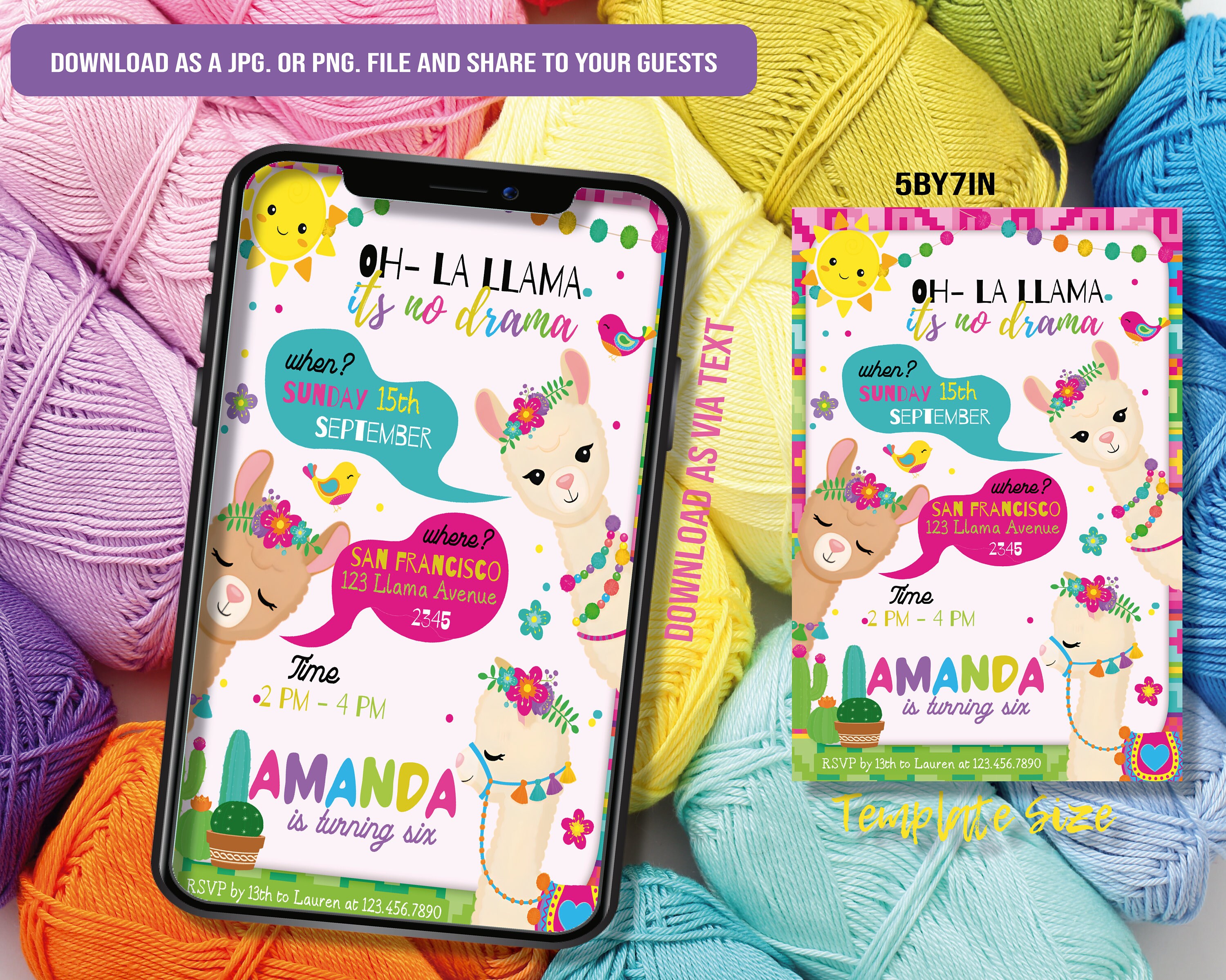 Editable Llama Birthday Invitation Cute Llama Alpaca Invitation Digital ...