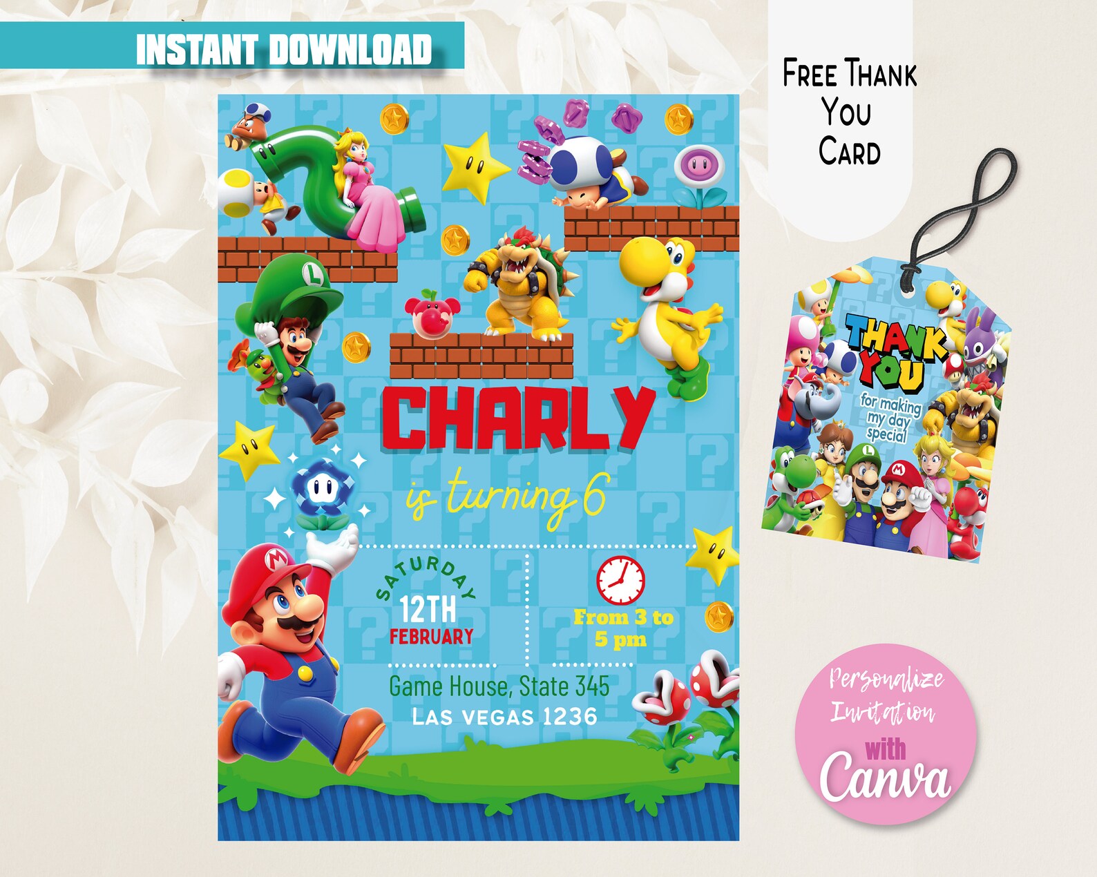 Mario Bros Luigi Browser Invitation Card Boy Invitation Digital Canva ...