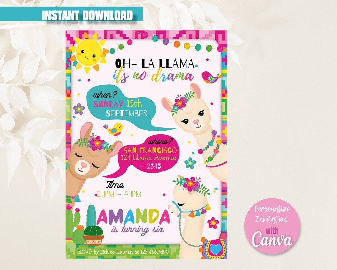 Editable Llama Birthday Invitation Cute Llama Alpaca Invitation Digital ...