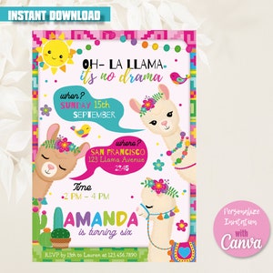 Editable Llama Birthday Invitation Cute Llama Alpaca Invitation Digital ...