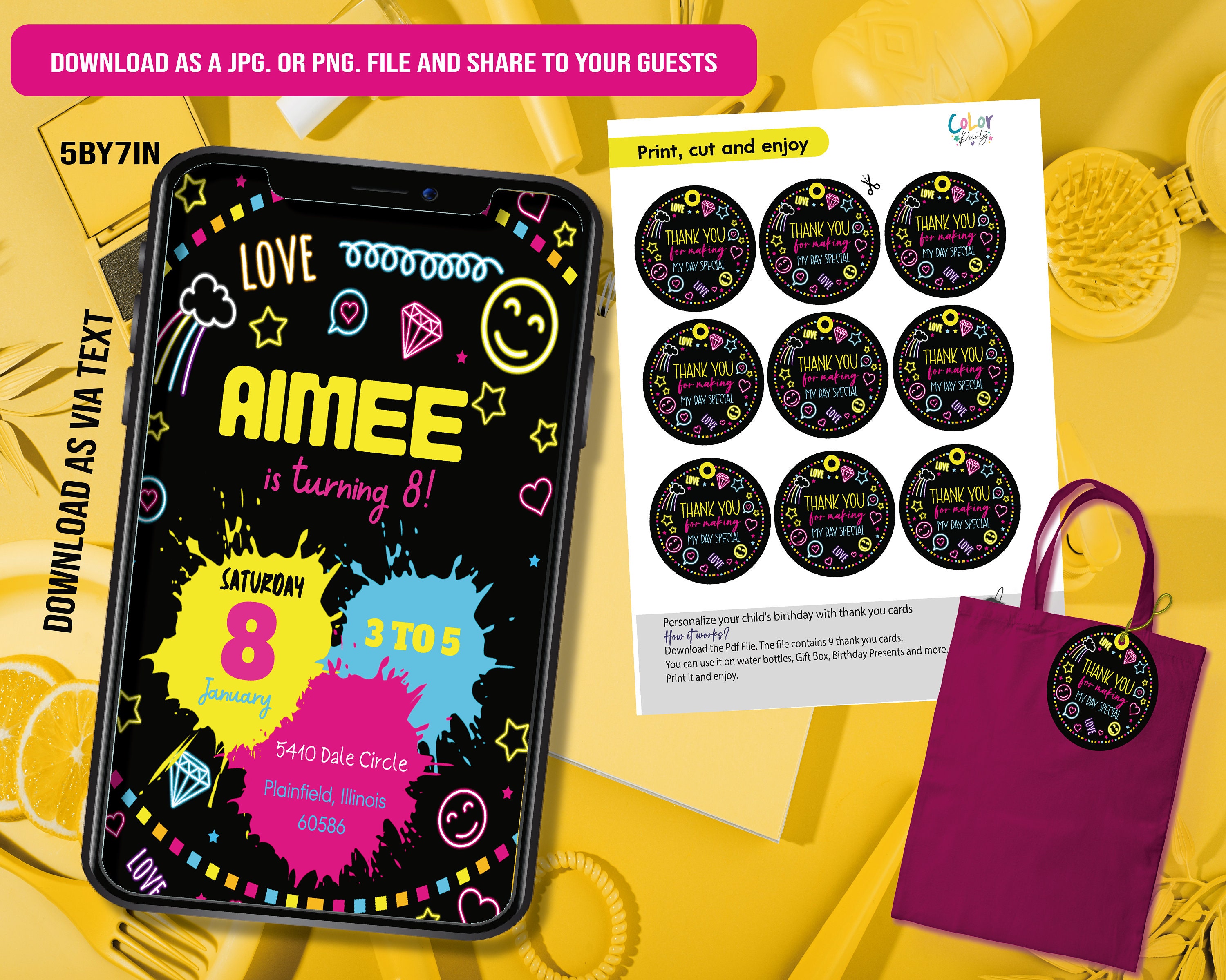 Glow Party Birthday Invitation Card Fluor Party Invitation Digital ...