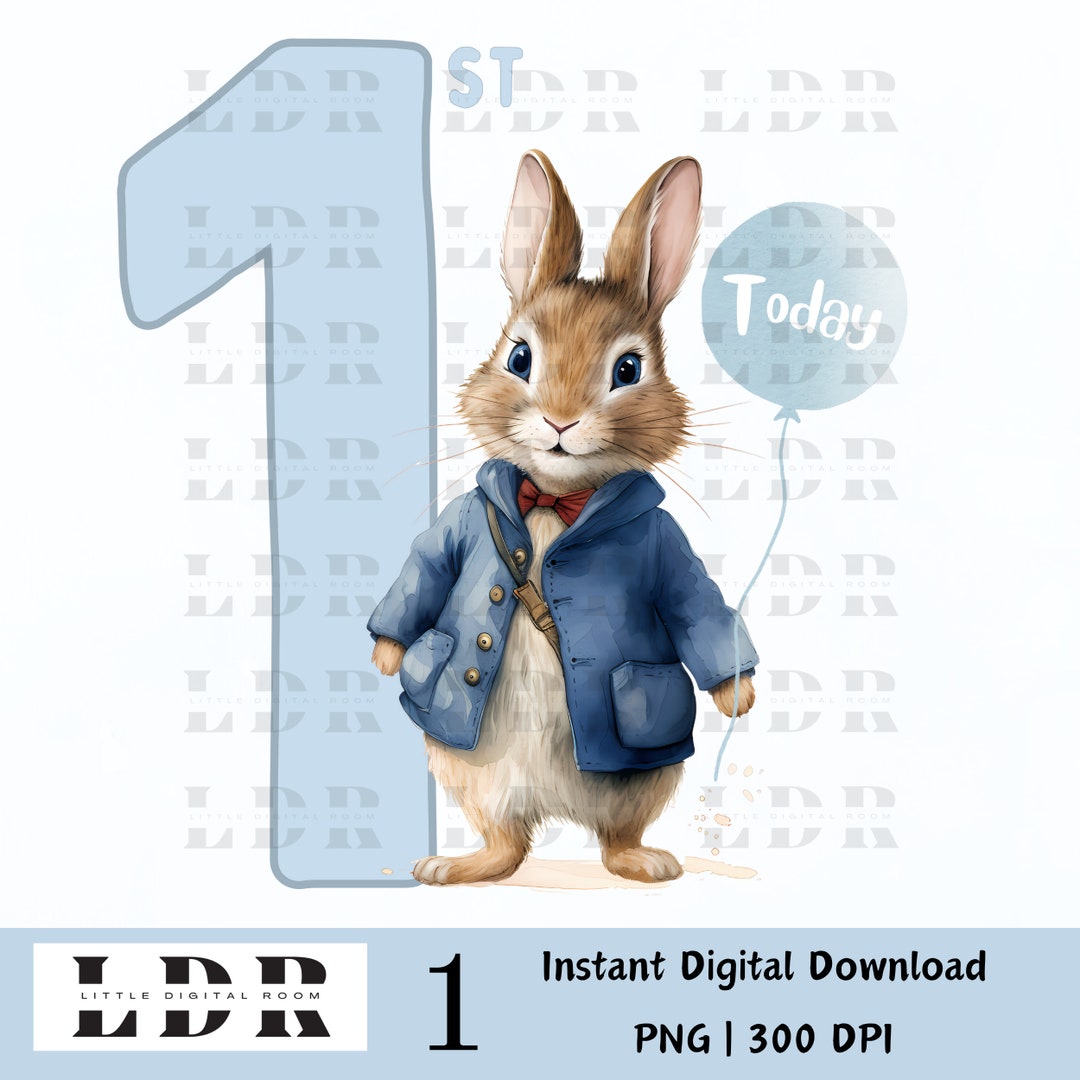 Watercolour Clip Art Happy 1st Birthday Blue Bunny PNG UV/DTF ...