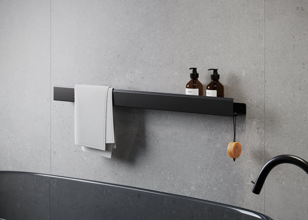 Modern Black Steel Shelf for Bathrooms, Sleek Powder Coated Shower Rack ...