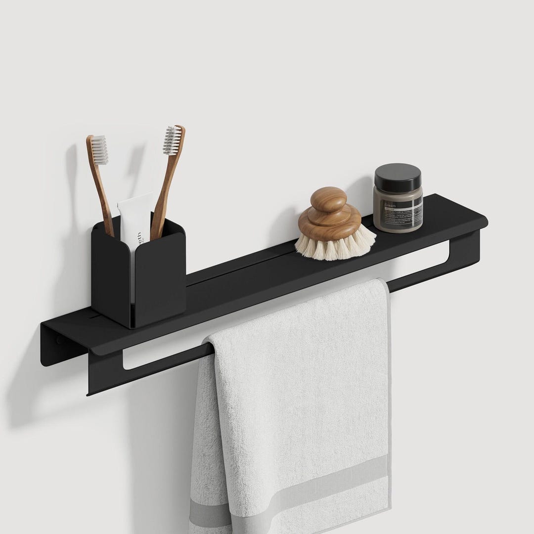 Black Floating Shelf With Towel Rack | Bathroom Wall Organizer 19.68in ...