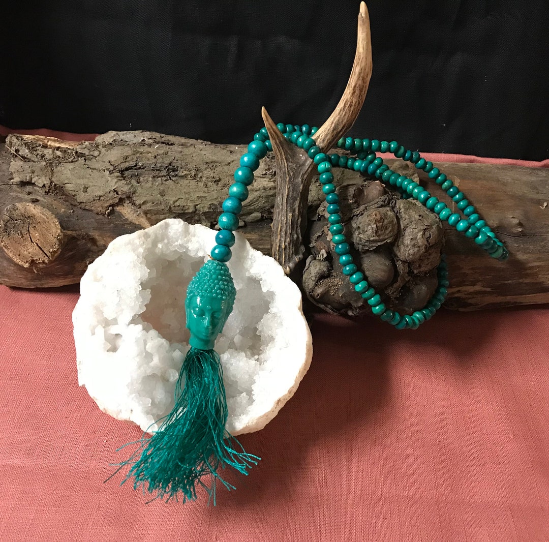 Turquoise Blue MALA BOUDDHA Long Necklace Made of Wooden Beads - Etsy