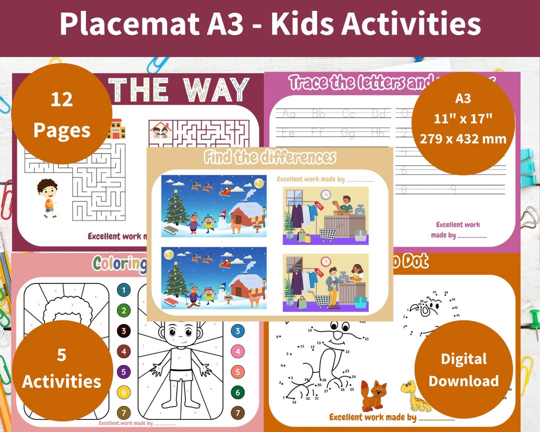 Activity Placemat for Kids, Printable, Size A3/11 X 17/297 X 420 Mm ...