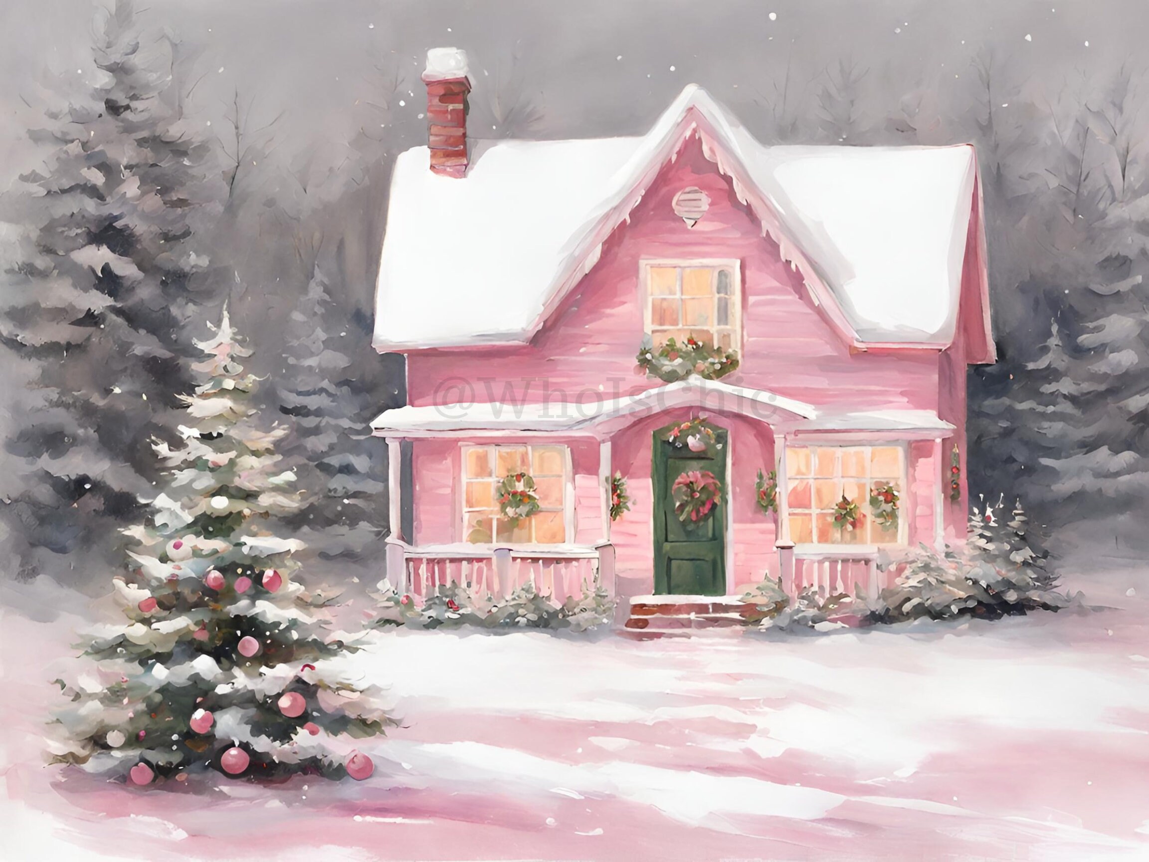 Barbie Pink Cozy Snowy Christmas Cottage Digital Print - Etsy