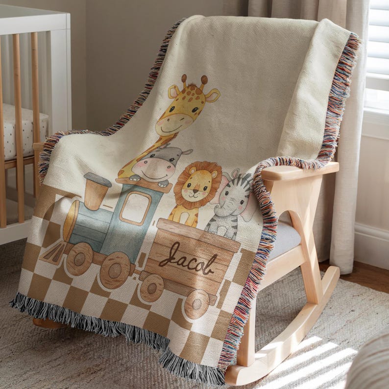 Personalized Safari Animal Baby Blanket Train Design Custom Woven Throw ...