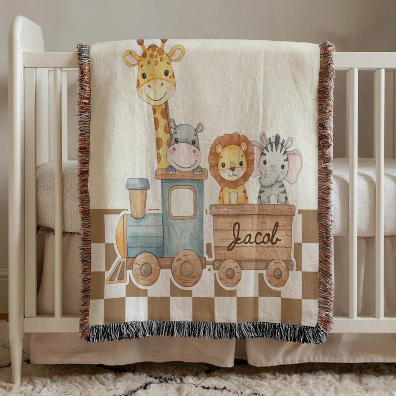 Personalized Safari Animal Baby Blanket Train Design Custom Woven Throw ...