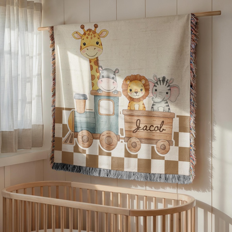 Personalized Safari Animal Baby Blanket Train Design Custom Woven Throw ...