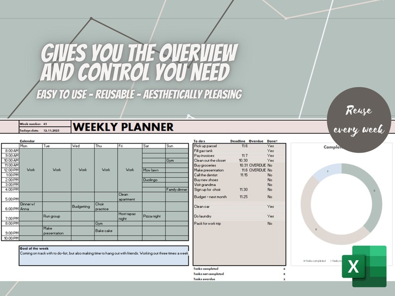 Weekly Planner reusable Excel Template - Etsy