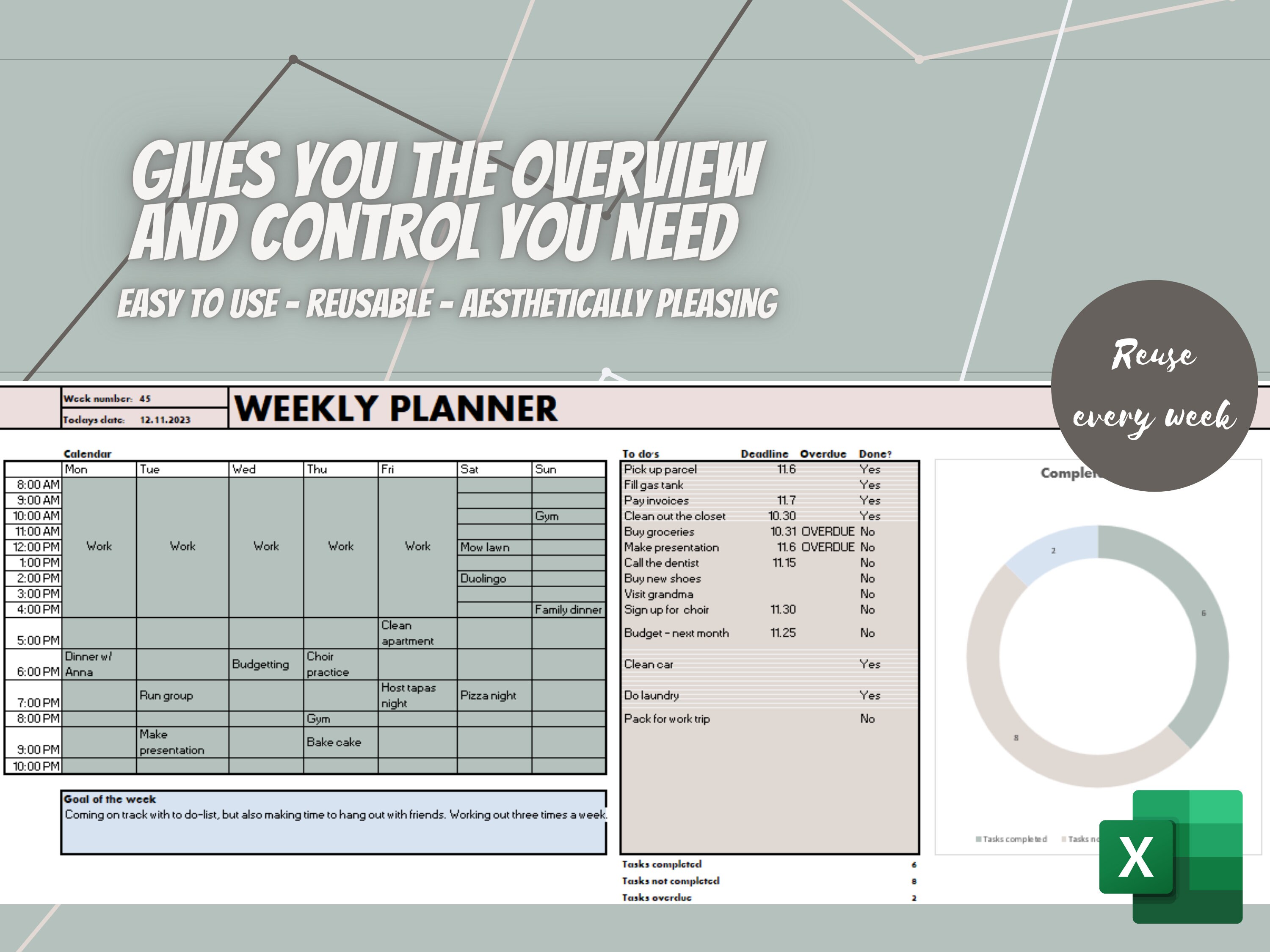 Weekly Planner reusable Excel Template - Etsy