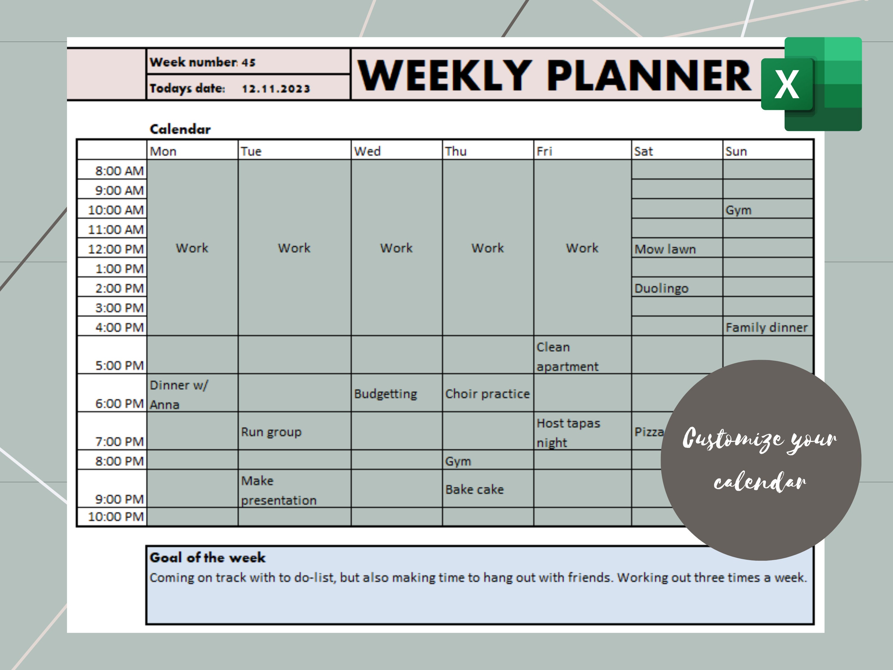 Weekly Planner reusable Excel Template - Etsy