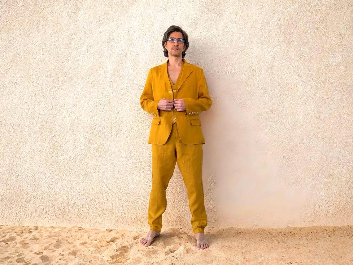 Premium Mustard Yellow Linen Suit for Men - Summer Linen Suit - 3 Piece ...