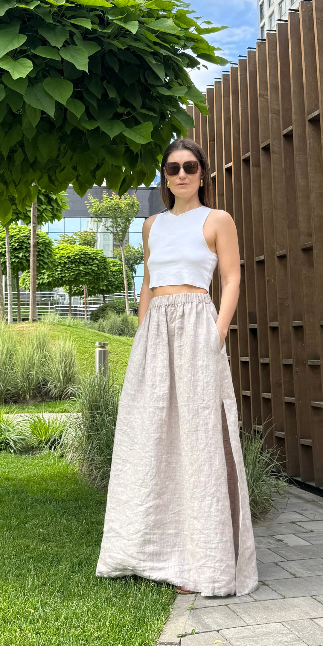 Linen Maxi Skirt - Long Linen Skirt With Pockets - Elastic Waist %100 ...
