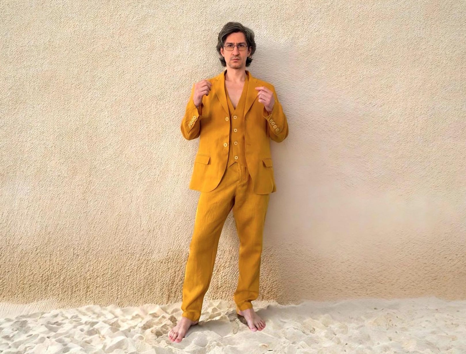 Premium Mustard Yellow Linen Suit for Men - Summer Linen Suit - 3 Piece ...