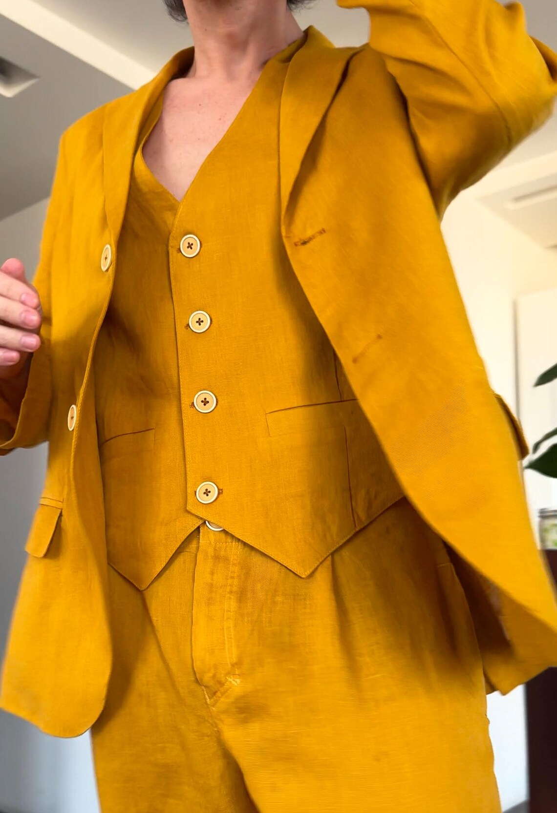 Premium Mustard Yellow Linen Suit for Men - Summer Linen Suit - 3 Piece ...