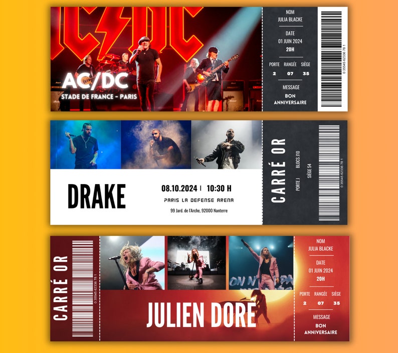 Billet de concert imprimable personnalisé, billet concert souvenir collector, billet d'événement ...