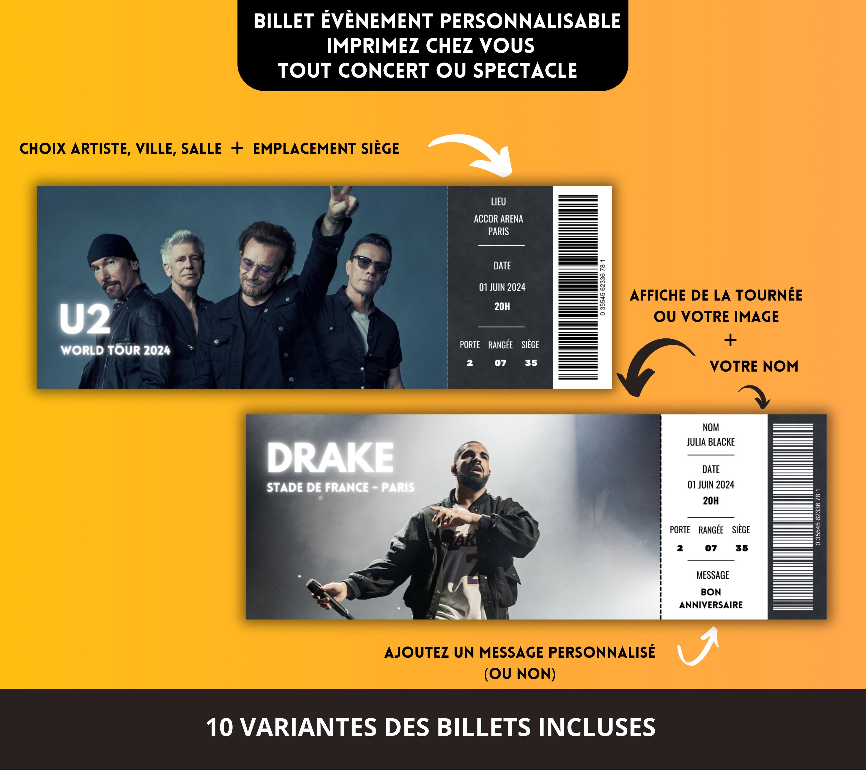 Billet de concert imprimable personnalisé, billet concert souvenir collector, billet d'événement ...