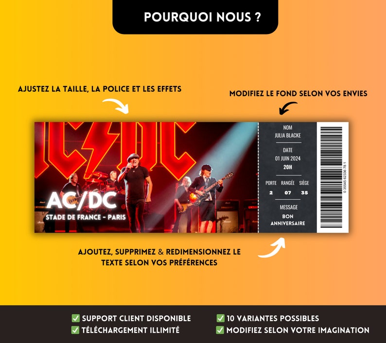 Billet de concert imprimable personnalisé, billet concert souvenir collector, billet d'événement ...