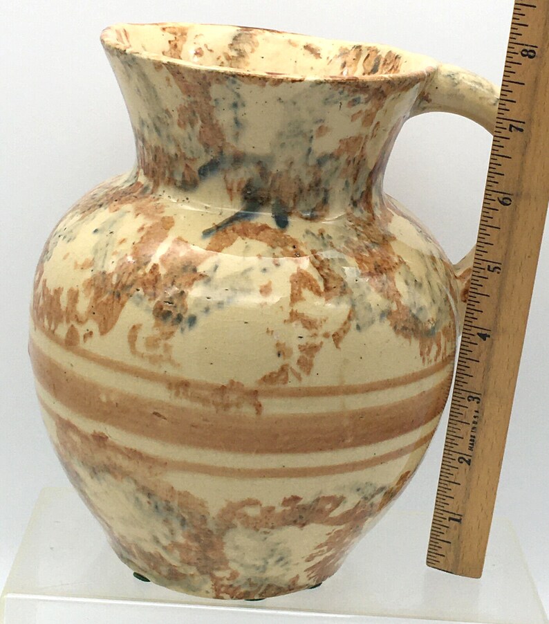 Antique Spongeware Stoneware Green Brown Chainlink Banded Water Pitcher ...