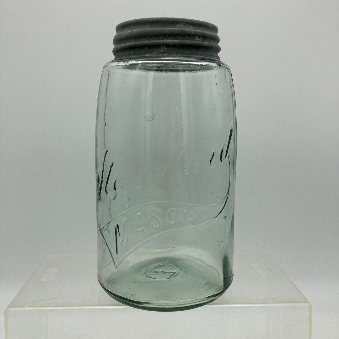Antique STANDARD MASON (word in Flag) Light Green Quart Fruit Canning ...