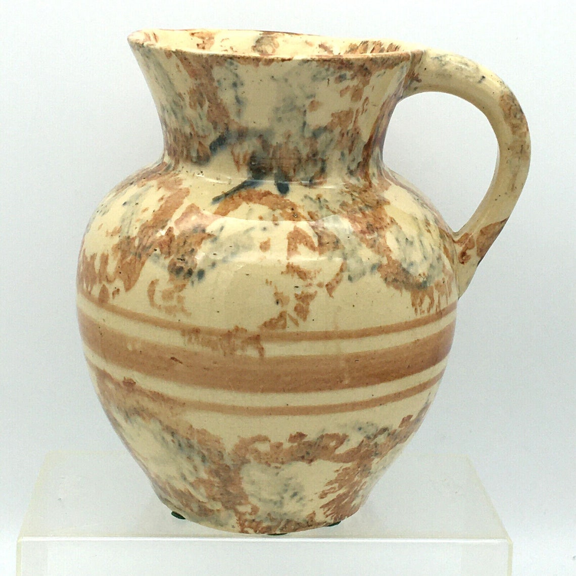 Antique Spongeware Stoneware Green Brown Chainlink Banded Water Pitcher ...