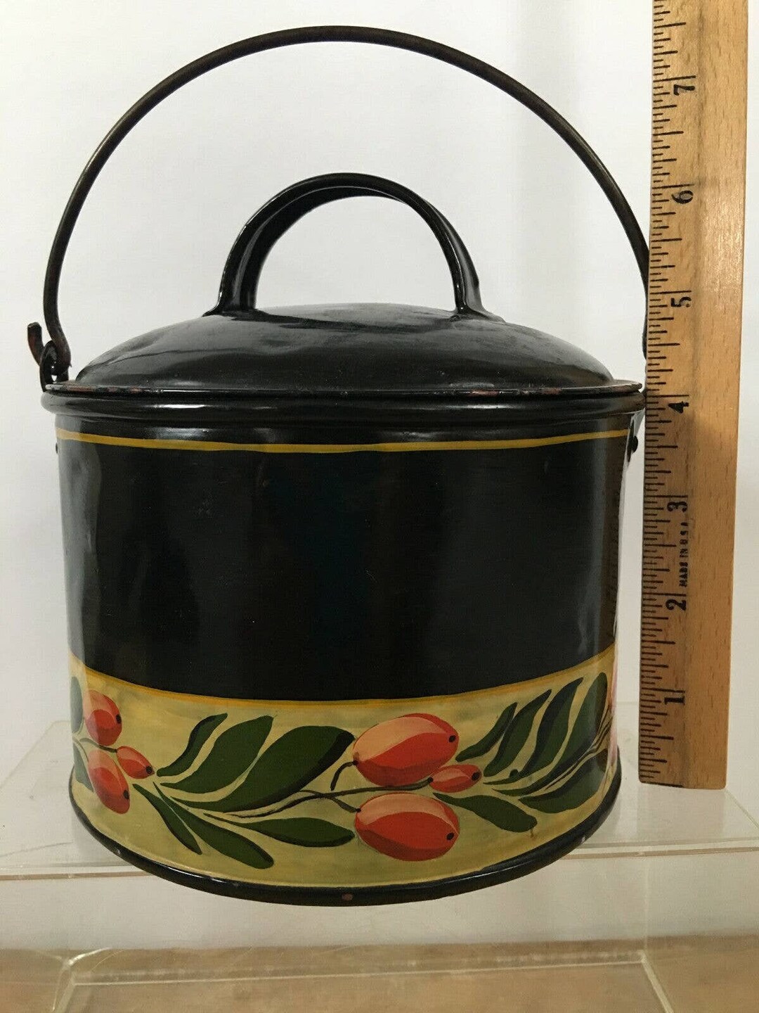 Primitive Folk Art Metal Toleware Black Lunch Pail Berry Bucket Lid ...