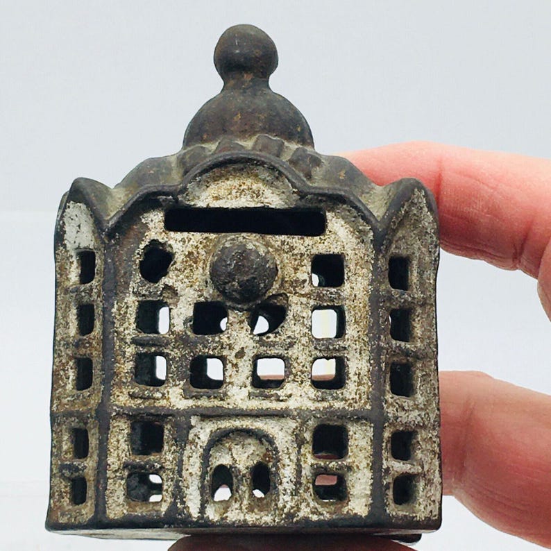 Antique Old Cast Iron Still Bank Coin Penny Domed Small 3" Building AC ...