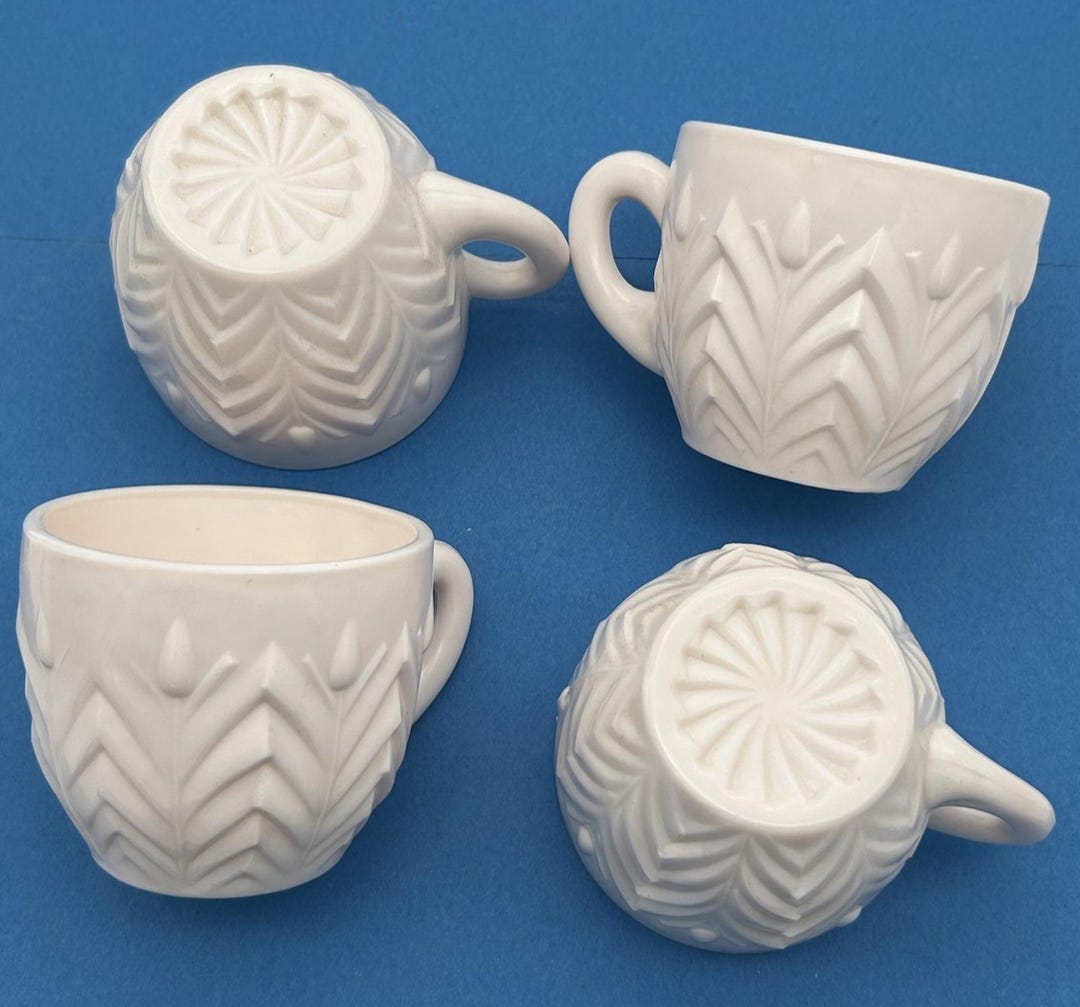 MCM Jeannette Feather Pink Milk Glass Cups Set of 4 1950's Granny ...