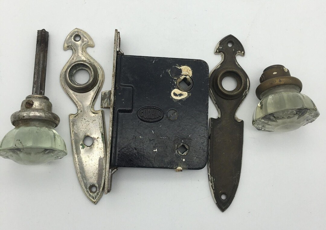 Victorian 12 Point Clear Glass Corbin Antique Door Knob Plates Salvage ...