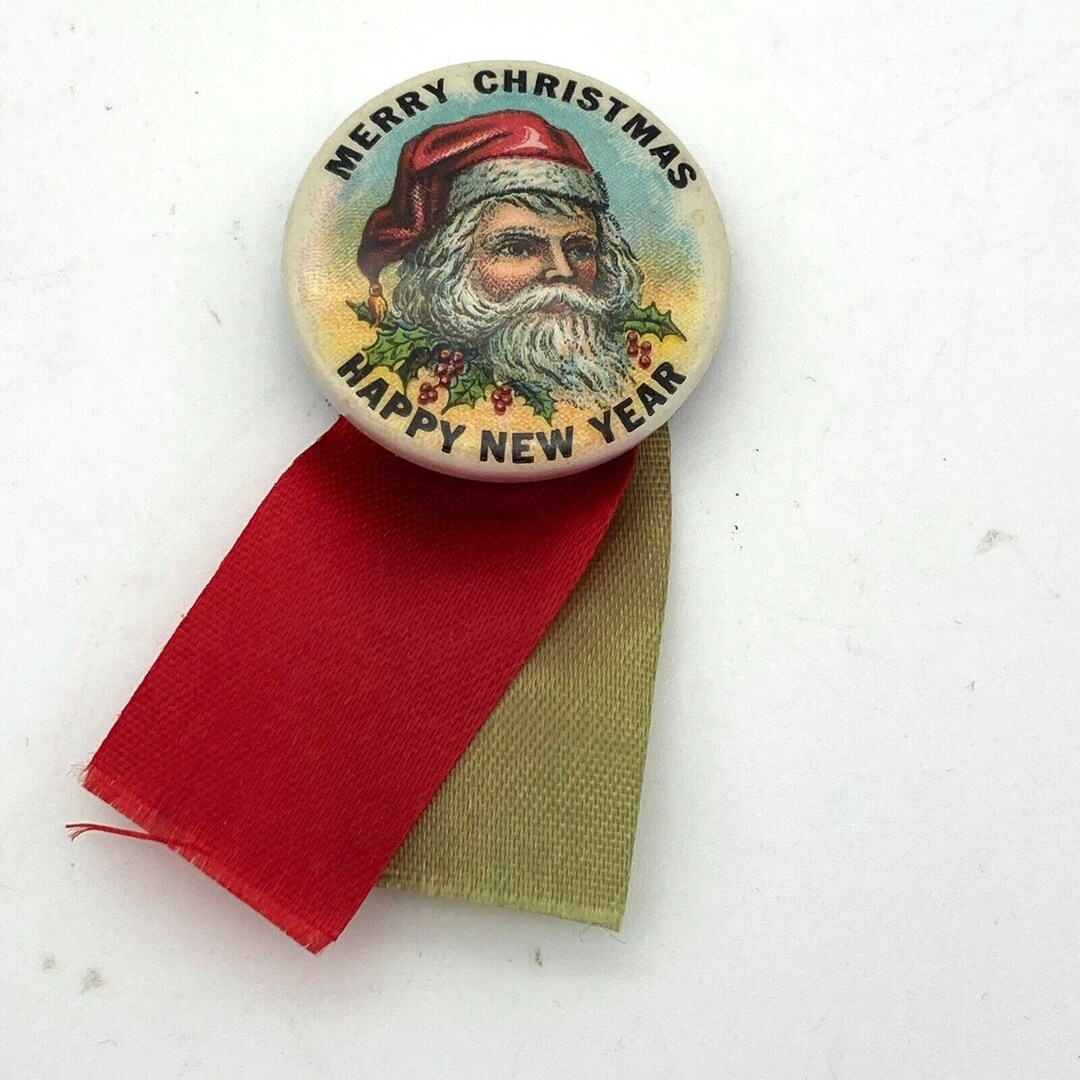Vintage Santa Claus Merry Christmas New Year Pinback Button Pin Red ...