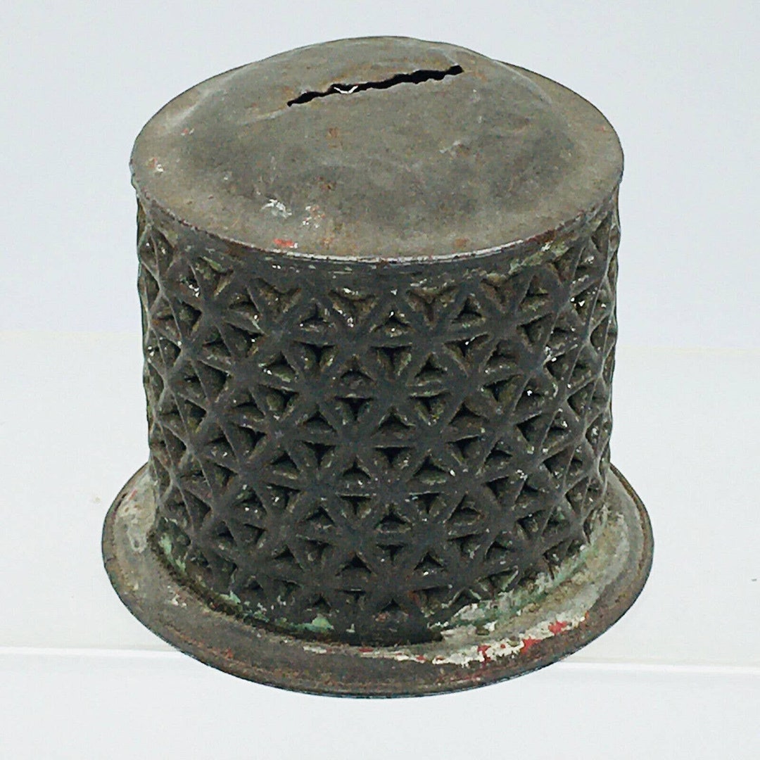Antique Primitive Tinware Tin Coin Bank Open Design Grid Triangle ...