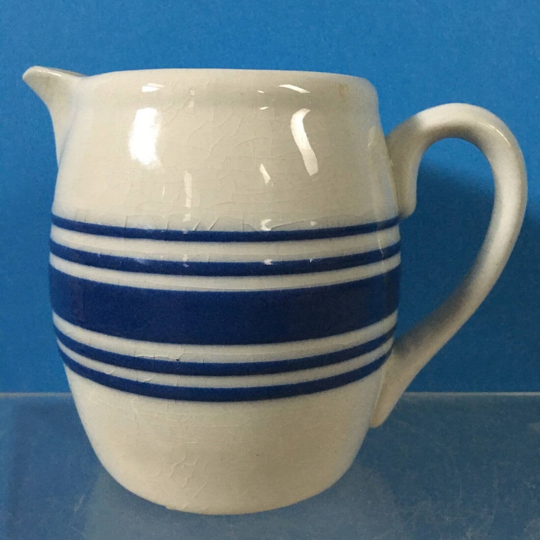 Antique White Stoneware Creamer Ribbed Blue Striped Primitive Farmhouse ...