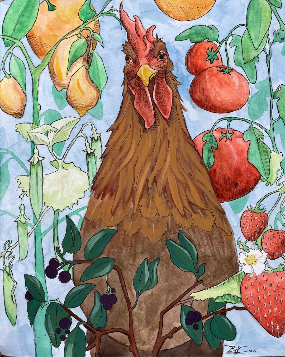 Garden Chicken Watercolor Painting - Etsy