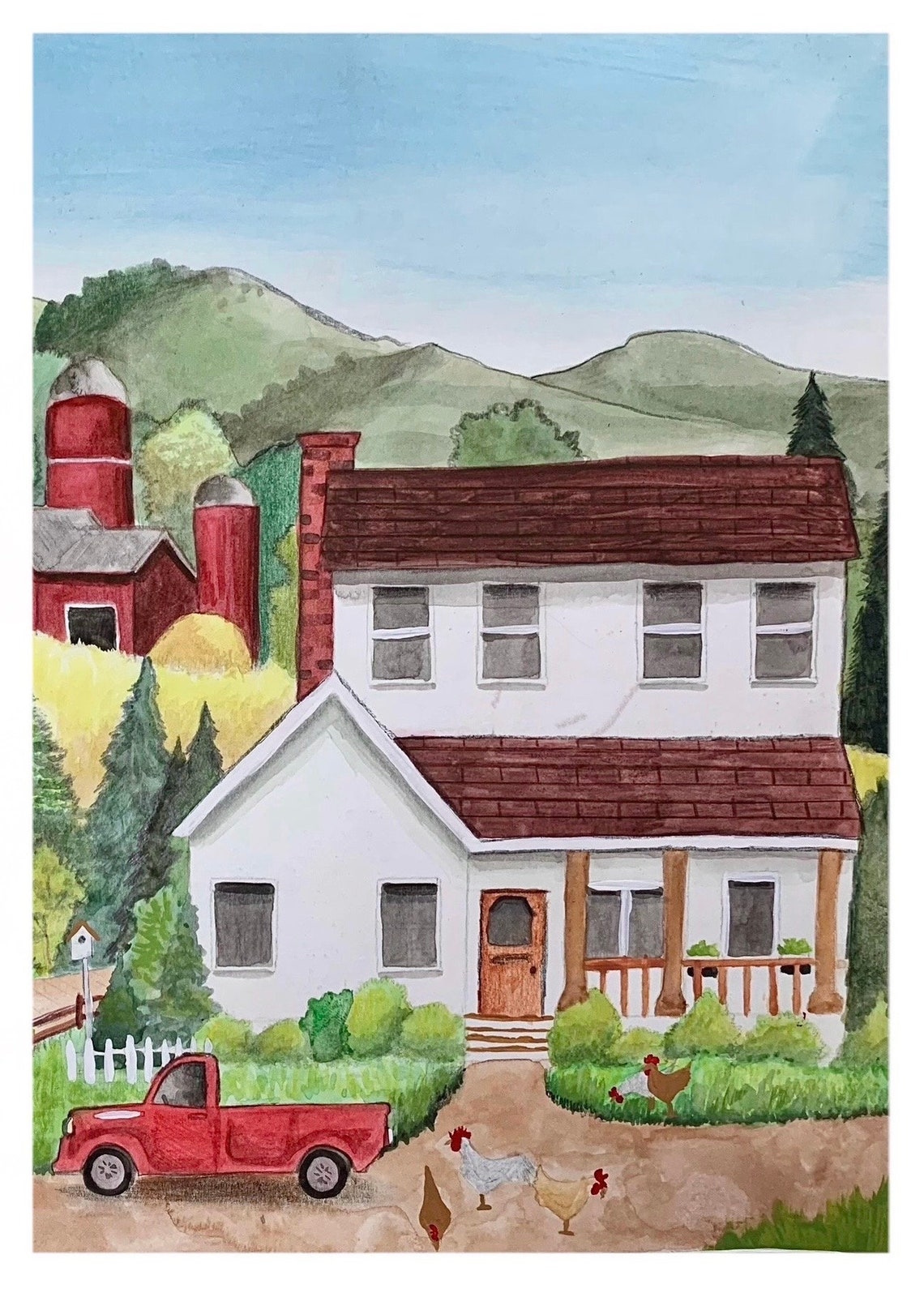 Watercolor Farm Homestead Scene - Etsy