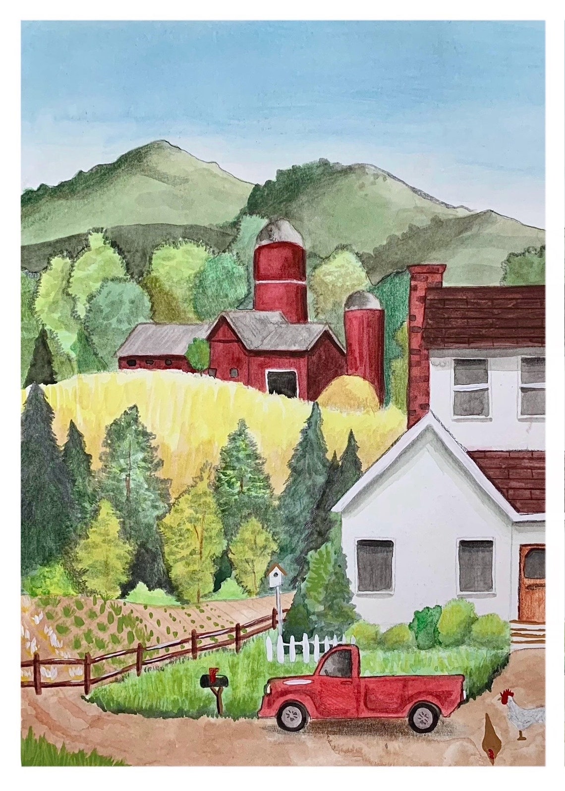Watercolor Farm Homestead Scene - Etsy