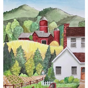Watercolor Farm Homestead Scene - Etsy