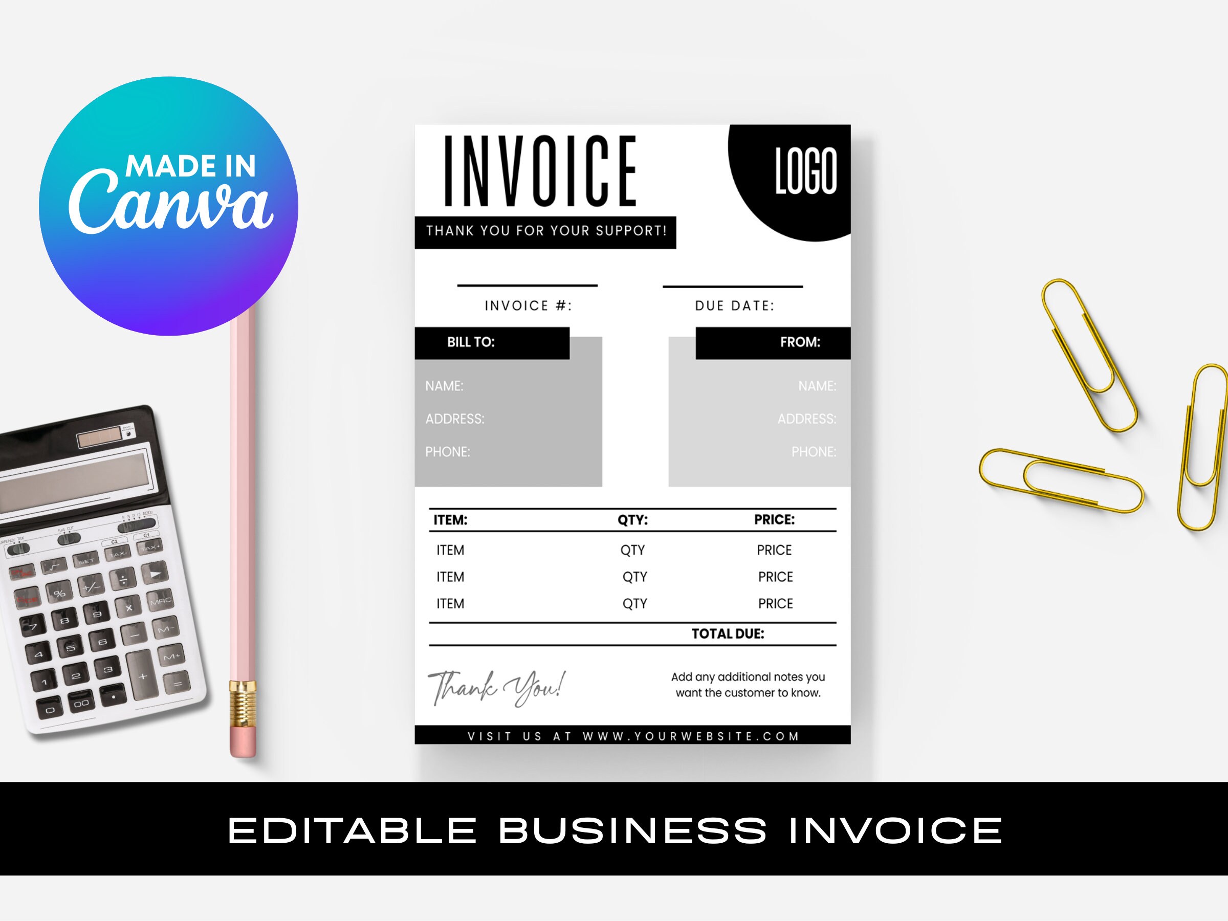Business Invoice Template Made in Canva, Fully Customizable, Small ...