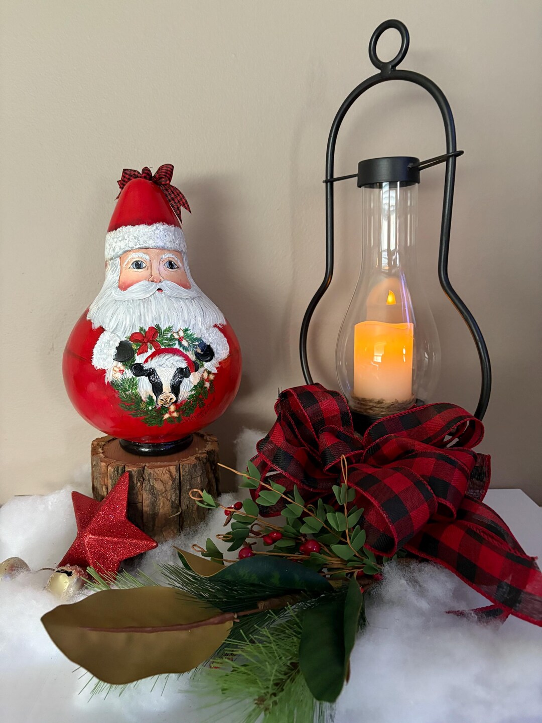 Painted Santa Claus Gourd With Cow Head in Wreath - Etsy