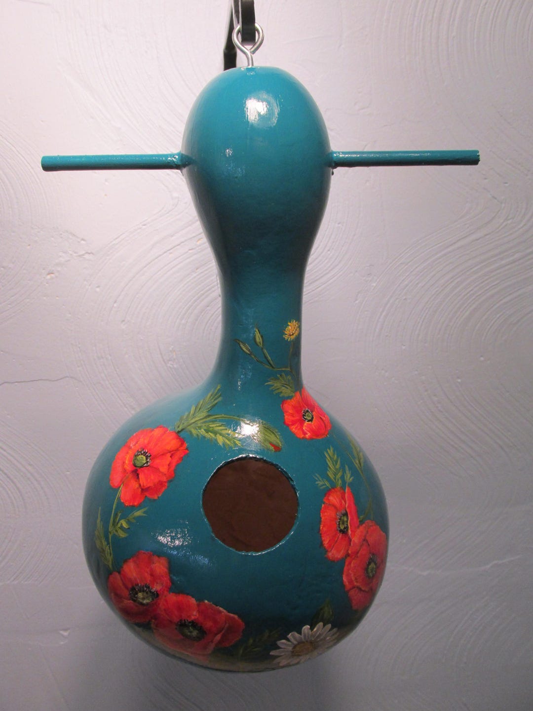 Hand Painted Dipper Gourd Bird House Teal Color With Red Poppies ...