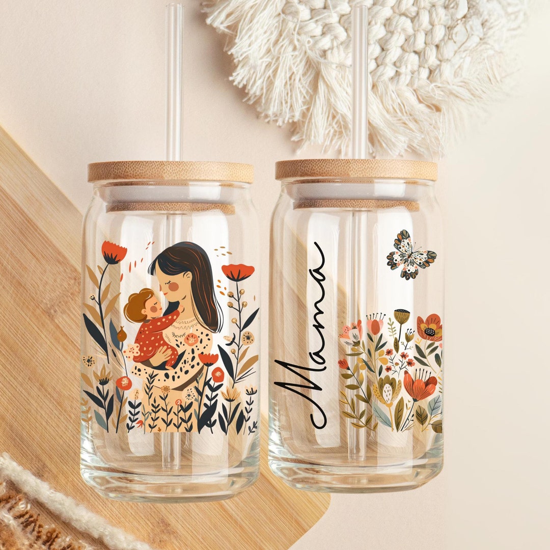 Mom Art Glass Tumbler Gift for First Time Mother's Day Cup, Nordic Folk ...
