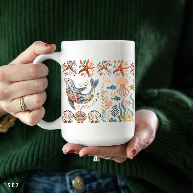 Ocean-inspired Seaside Mug, Nautical Decor Gift, Sea Lion Coffee Cup ...