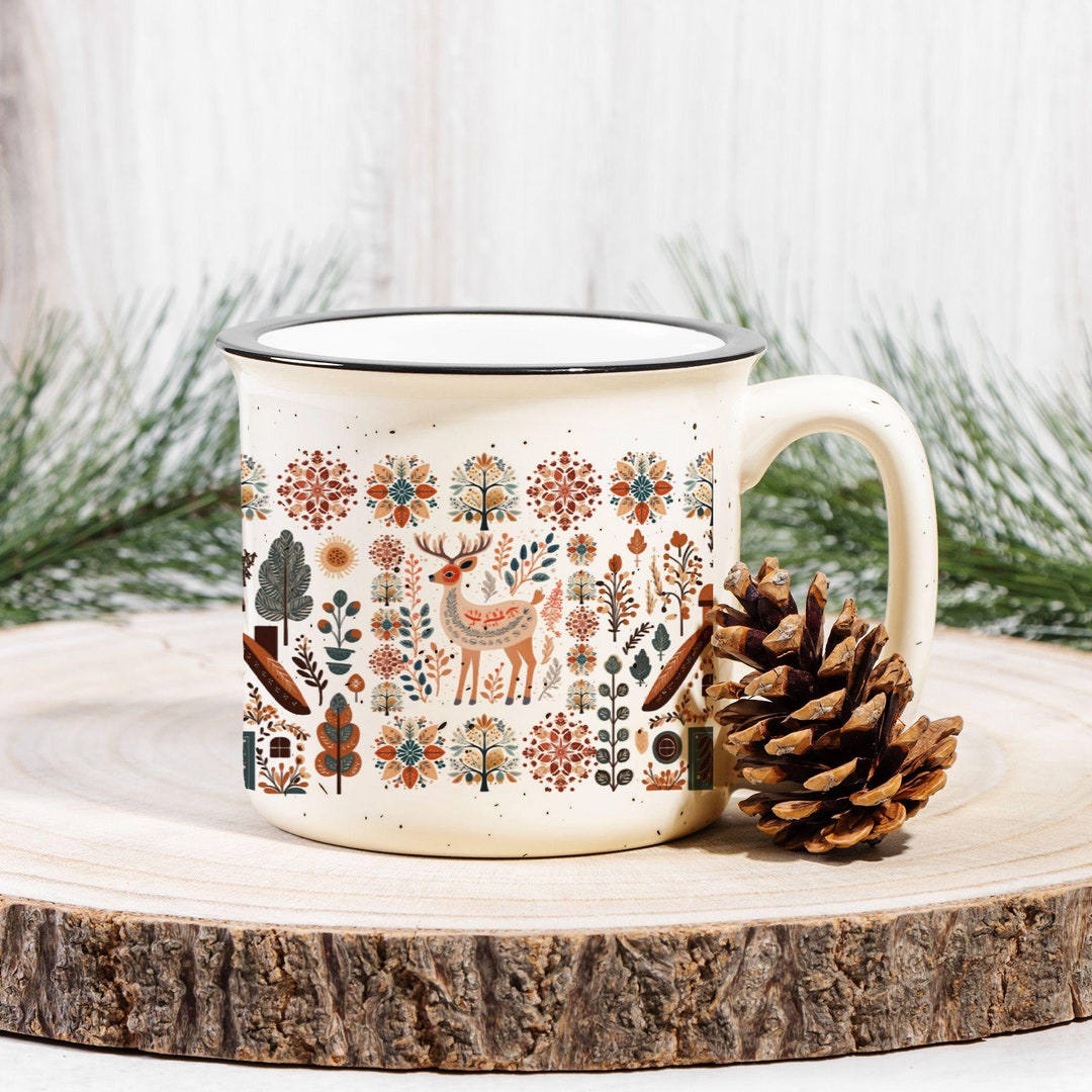 Deer Nordic Mug Folk Art Scandinavian Design Ceramic Camp Mug Cozy Vibe ...