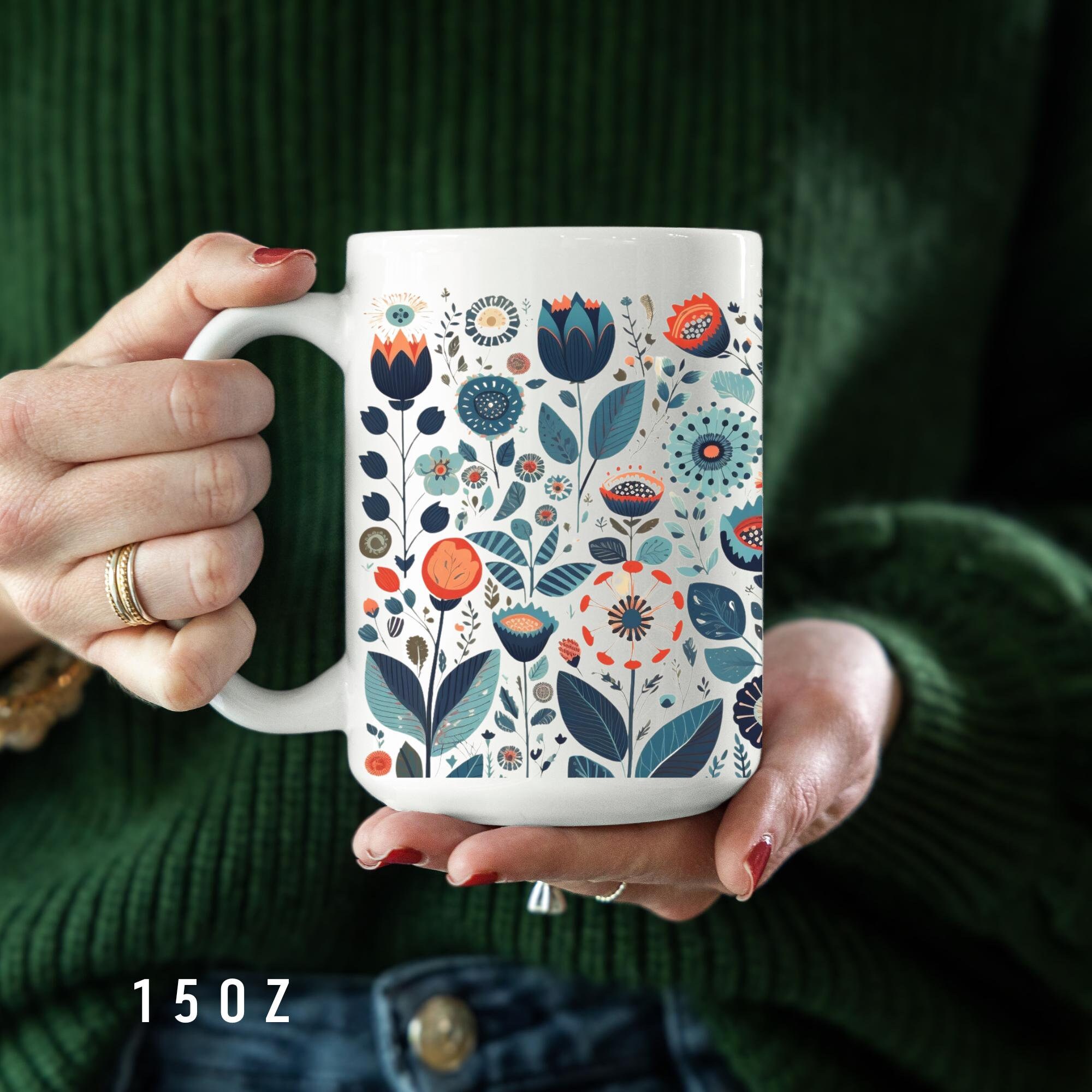 Scandinavian Flower Mug Nordic Coffee Mug Gift Hot Cocoa Mug Folk Art ...