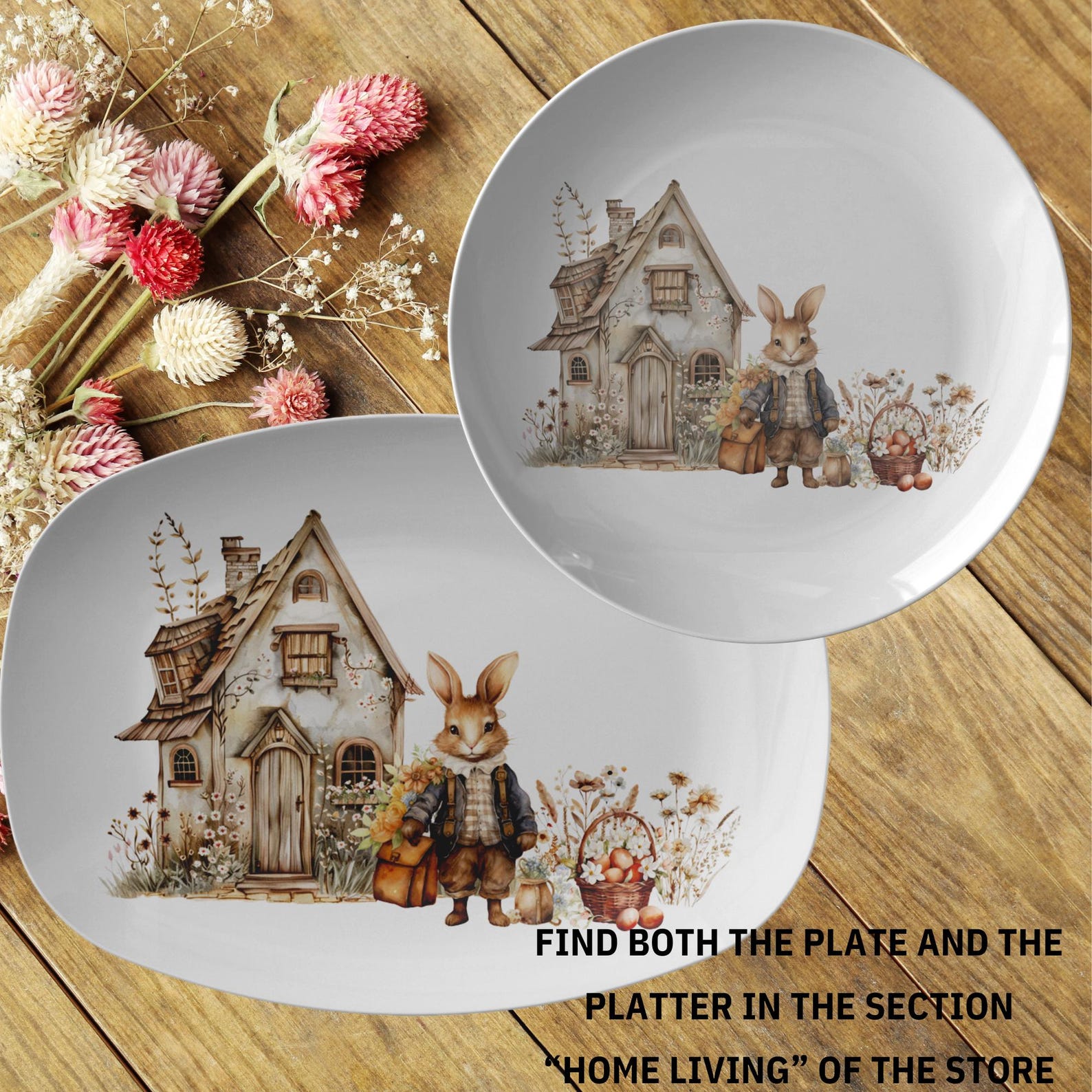 Rustic Platter Farmhouse Decor Rabbit Floral Hostess Table Settings ...